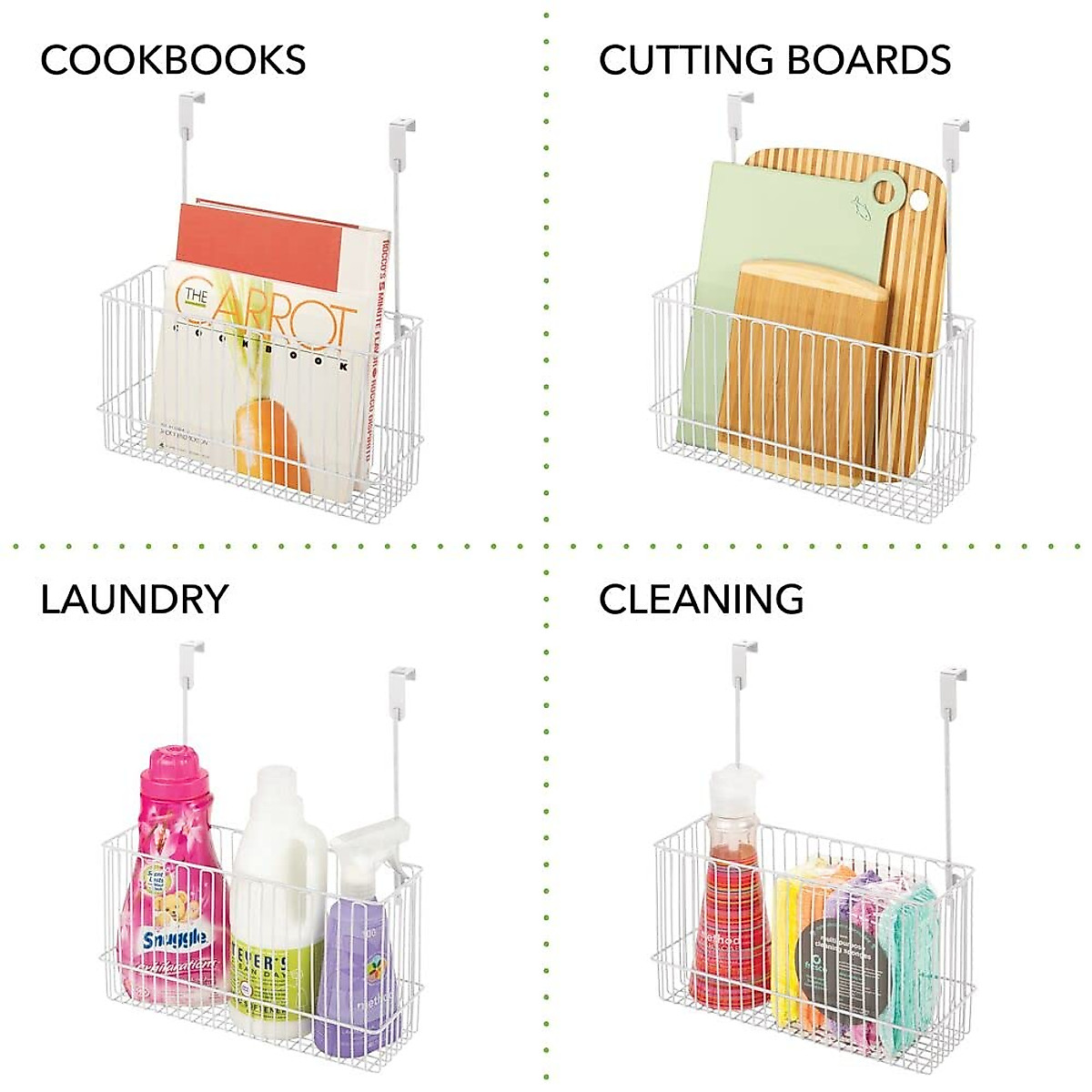 mDesign Metal Over Cabinet Kitchen Storage Organizer Holder or Basket - Hang Over Cabinet Doors in Kitchen/Pantry - Holds Bakeware, Cookbook, Cleaning Supplies - Steel Wire - White