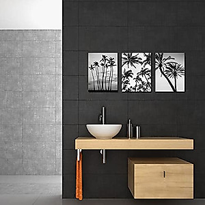 ArtKissMore Tropical Palm Tree Wall Decor - Black and White Hawaii Beach Canvas Wall Art Pictures Framed for Home Bathroom Bedroom Living Room Wall Decor Framed 12"x16"x3pcs
