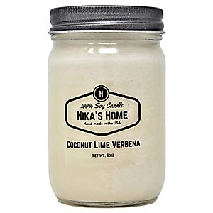 Nika's Home Coconut Lime Verbena Soy Candle - 12oz Mason Jar - Non-Toxic Soy Candle-Hand Poured Candle- Handmade, Long Burning Candle-Highly Scented Candle-All Natural, Clean Burning Candle