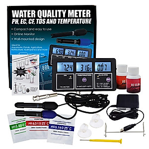 5-in-1 Water Quality Meter, PH EC CF TDS Temperature Multi-Parameter Water Quality Monitor with Backlight, Wall-mountable & Rechargeable, Water Quality Tester for Aquariums, Hydroponics, Lab