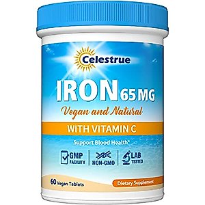 Celestrue Iron Supplement, Elemental Iron 65 mg, with Vitamin C, Non-Constipating, Gentle on The Stomach, Once Daily, Vegan, Red Blood Cell Support, 60 Tabs