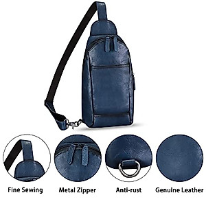 FEIGITOR Genuine Leather Sling Bag Handmade Retro Crossbody Sling Backpack Purse Chest Shoulder Hiking Daypack Fanny Pack (Blue)