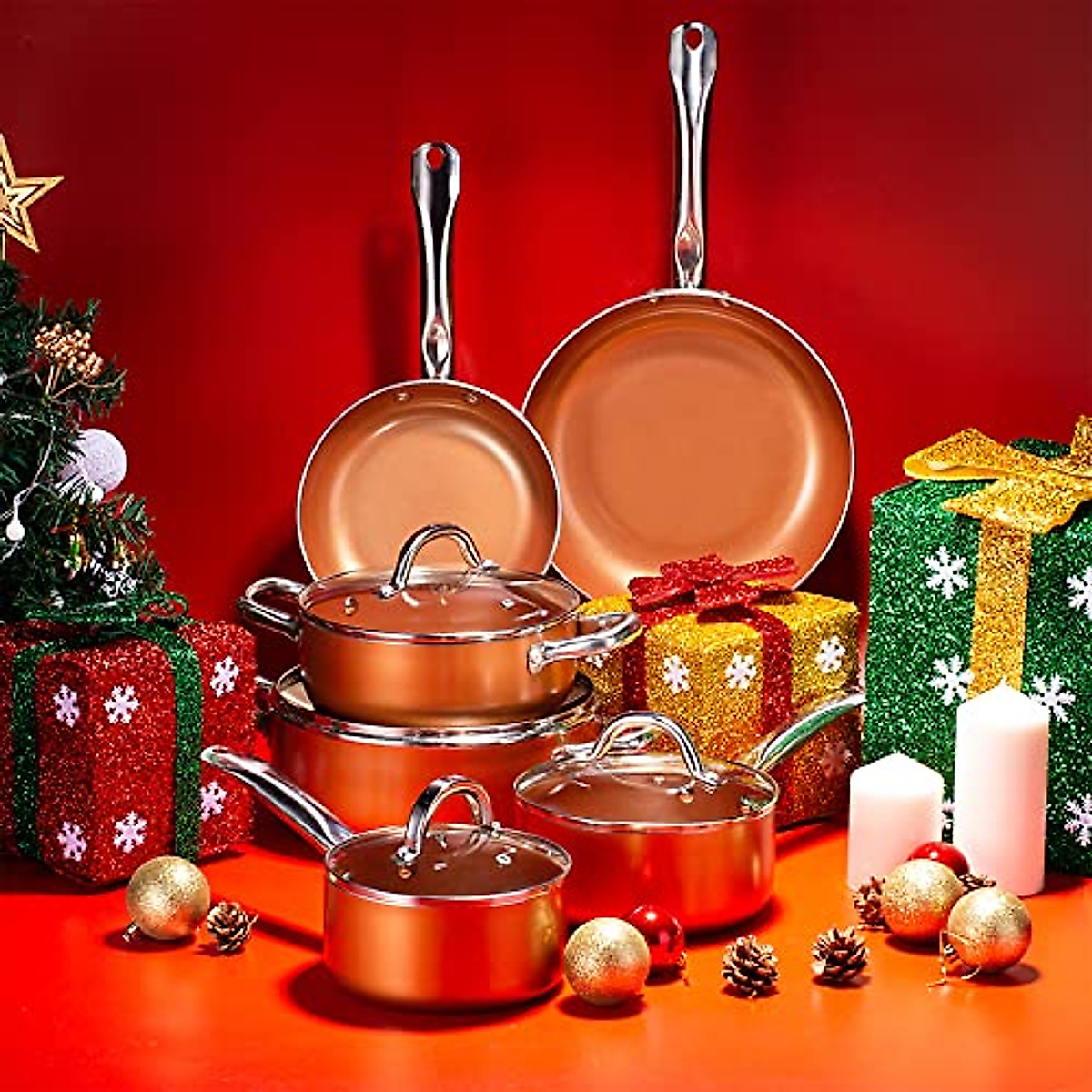Copper Pots and Pans Set Nonstick 10-Piece Ceramic Cookware Set, Stainless Steel Handles, Dishwasher & Oven Safe, PFOA/PFAS-Free, Orange
