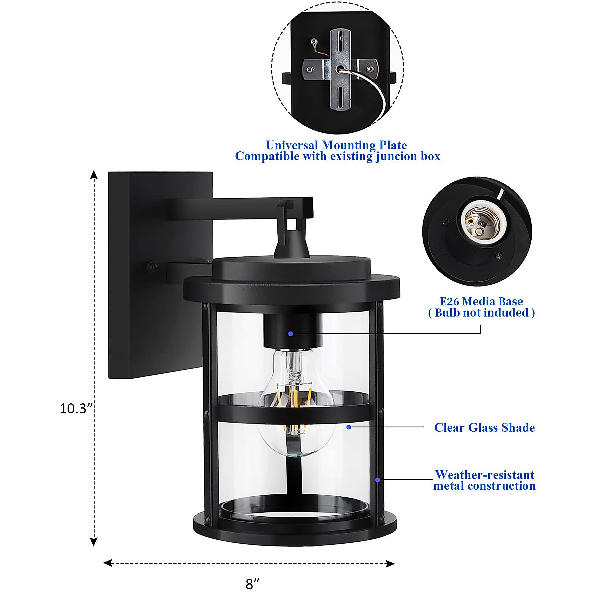 UFOND Outdoor Wall Lantern,Waterproof Matte Black Wall Mount Light with Clear Glass Shade,Front Porch Wall Light Fixture, Exterior Wall Sconce for Entryway Hallway Patio Garage Doorway
