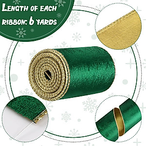 WILLBOND 2 Rolls Christmas Red Velvet Ribbon Wired Edge Trim Wrapping Fabric Christmas Ribbon for Gift Wrapping Bow Wedding Decoration Craft(4 Inch x 6 Yards,Green)