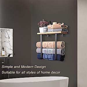 NearMoon Towel Rack with Wooden Shelf, All Metal Bath Towel Holder Rustproof Towel Storage, Bathroom Organizer for Hand Towels, Washcloths, Large Towels, Wall Mounted (2 Pack, Matte Black)