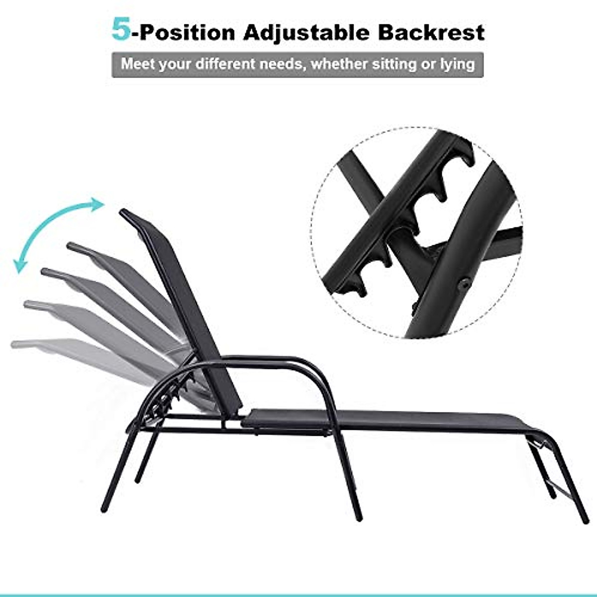 Tangkula Outdoor Patio Lounge Chaise, (Set of 2) Adjustable Folding Reclining Lounge Chairs, 5-Position Backrest Adjustment, Sling Chaise for Patio Beach Porch Swimming Poolside