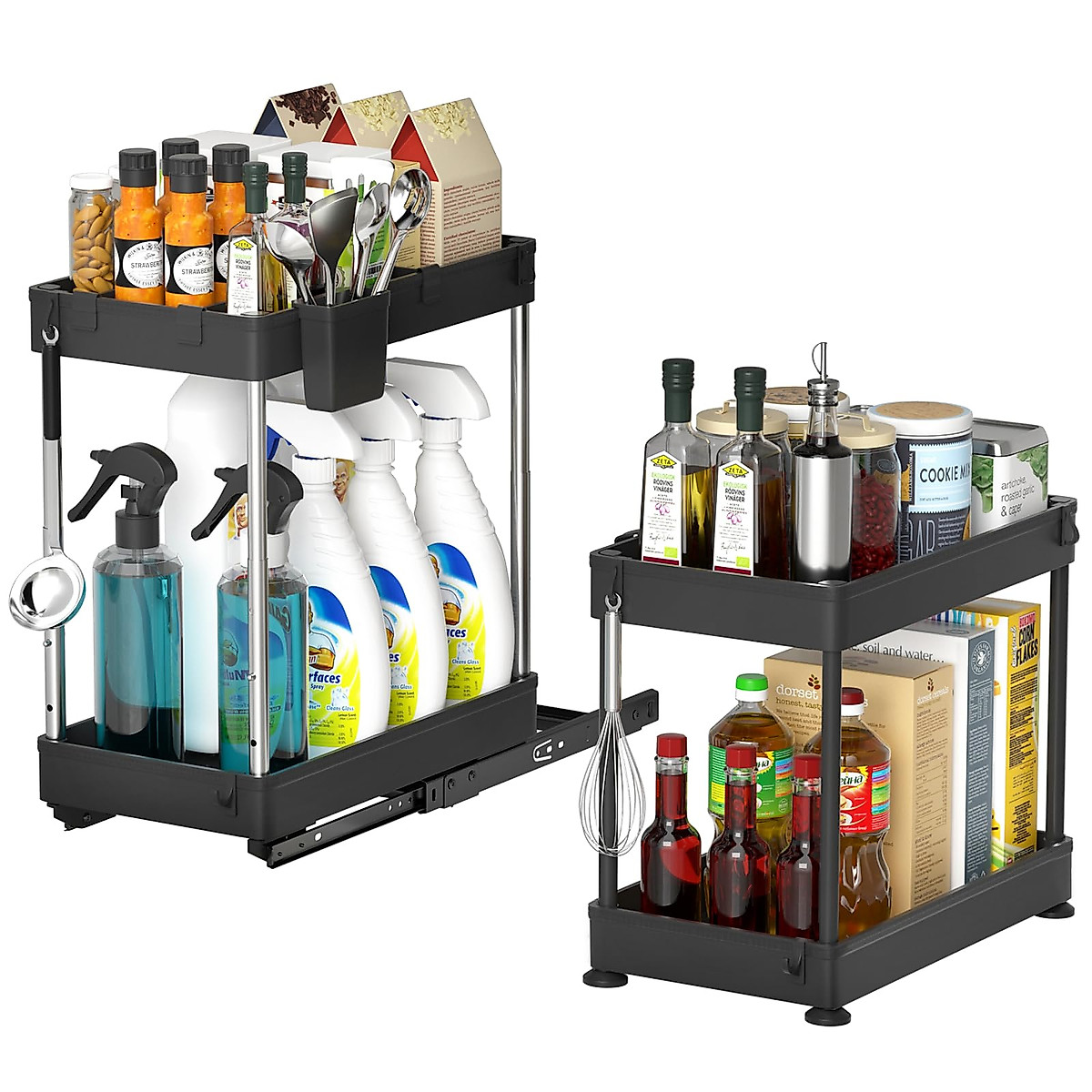 AOSITE 2 Pack Under Sink Storage and Organizers, Sliding Under Cabinet Organizer with Dividers Pull Out Kitchen Cabinet Basket Organizer Adjustable Bathroom Sink Storage Organizer with Hooks