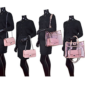 Large Clear Tote Bag PVC Top Handle Shoulder Bag 2 Pieces Set With Turn Lock Closure (Pink)