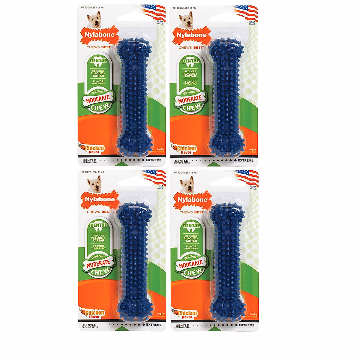 Nylabone 4 Pack of Moderate Chew Dental Chew Toys, Regular, Chicken Flavor, Made in The USA for Dogs Up to 25 Pounds