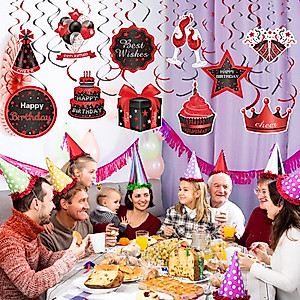 Funrous 30 Pieces Happy Birthday Hanging Swirl Decorations Birthday Party Ceiling Streamers Party Foil Swirls for Kids Women Men Birthday Party Decor Supplies (Red and Black)