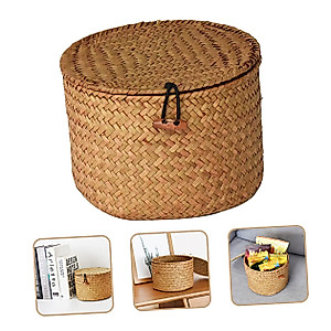 GARVALON Round Wicker Basket with Lid, 150 oz, Snacks, Cosmetics, Desktop Storage