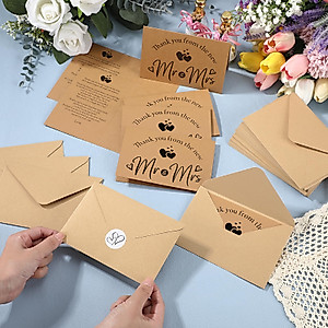 Spakon 100 Sets Wedding Thank You Cards with Envelopes and Stickers Wedding Themed Kraft Paper Thank You Card with Message Inside Mr and Mrs Thank You Notes for Bridal Shower Anniversary Guests