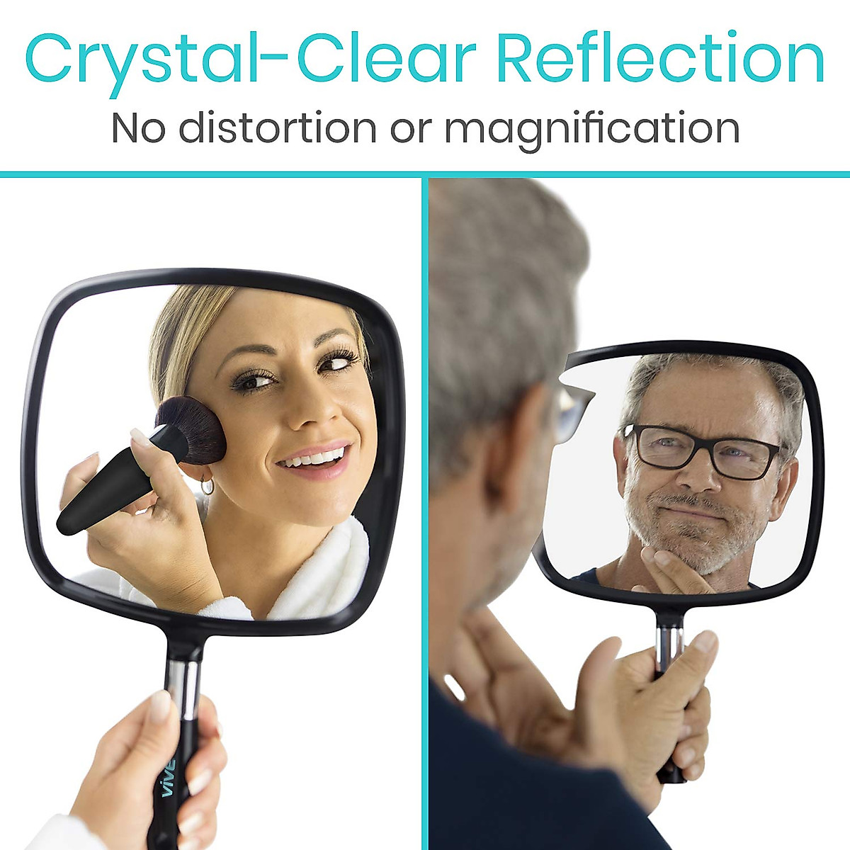 Vive Hand Mirror - Handheld Mirror with Handle - Extra Large Travel Portable Design - Makeup Mirror, Hair, Bathroom, Shaving, Barber - Vanity for Women, Men with Paddle Handle - Black Plastic Tool