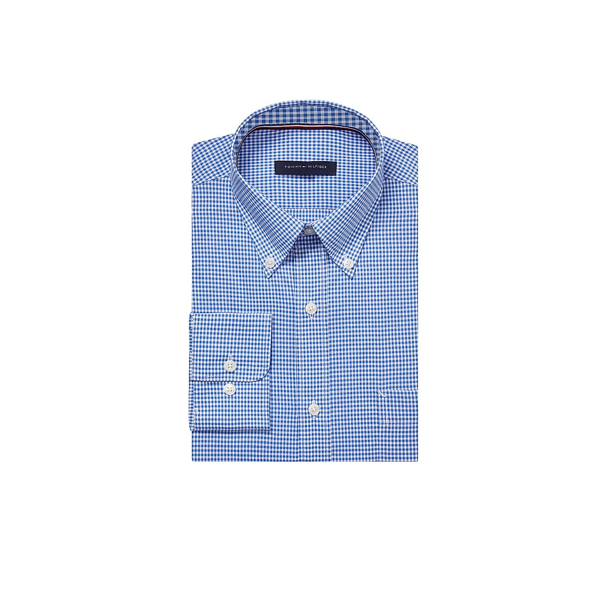 Tommy Hilfiger Men's Dress Shirt Regular Fit Non Iron Gingham, English Blue, 16.5" Neck 34"-35" Sleeve