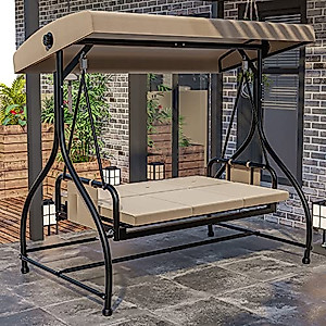 YITAHOME Outdoor Porch Swing, 3 Person Patio Swing Chair with Adjustable Canopy, Removable Cushion,Suitable for Garden, Poolside, Balcony,(Beige Grey)