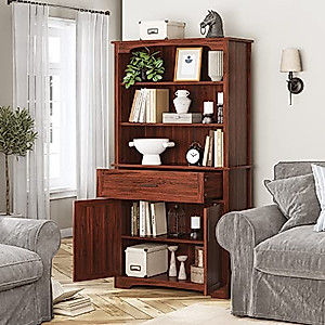 AOGLLATI Bookcase Bookshelf with Doors & Cabinet, 5-Tier Tall Bookshelf, Free Standing Book Shelf with Drawer & Storage Shelves, Bookshelf for Living Room Bedroom Kitchen Home Office Cherry Finish