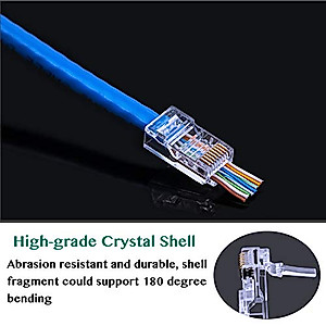 Kinoth RJ45 CAT6 Pass Through Connectors 100 Pack - Easy and Fast Termination - Gold Plated 3 Prong 8P8C Modular Ethernet UTP Network Cable Plug End for Cat6 Cat5e