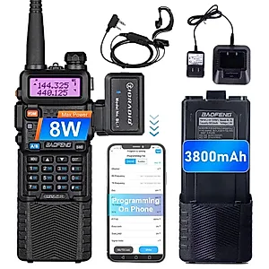 Baofeng UV-5R Ham Radio Handheld High Power Two Way Radio 3800mAh Battery Walkie Talkies with Earpiece and TIDRADIO Wireless Programmer Adapter Support Phone APP Program