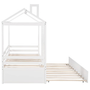 Merax House Bed with Trundle, Window and Roof, Twin Size Wood Bunk Bed Daybed Can be Decorated for Girls, Boys (White)