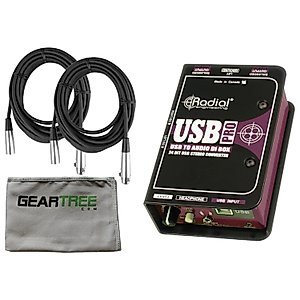 Radial USB-Pro 2 Channel Active Stereo USB Laptop DI Instrument Direct Box with Senor 20' XLR Microphone Cable (Pair) and Zorro Cloth