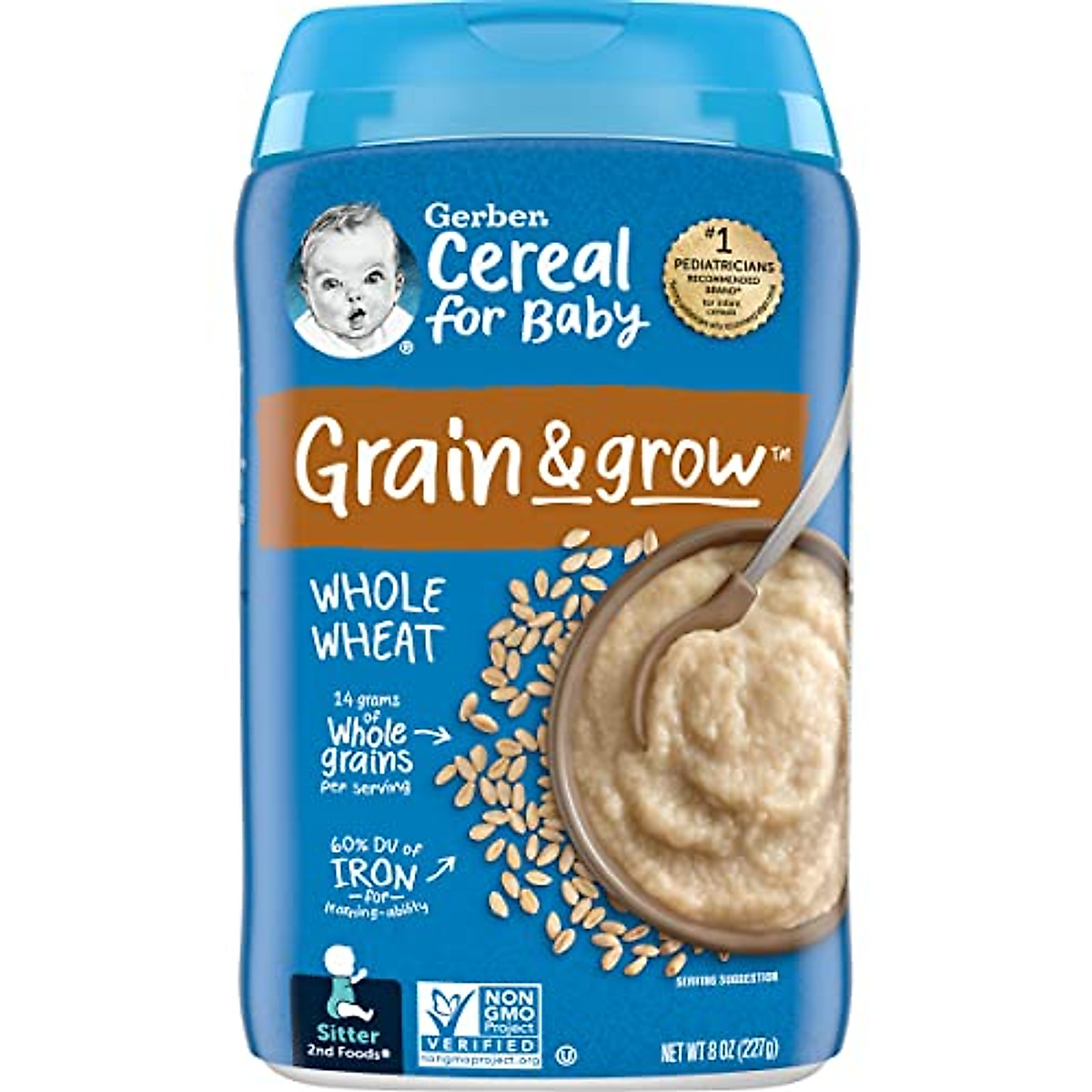 Gerber Cereal for Baby 2nd Foods Grain & Grow Cereal, Whole Wheat Cereal, Made with Whole Grains & Essential Nutrients, Non-GMO, 8-Ounce Canister (Pack of 6)