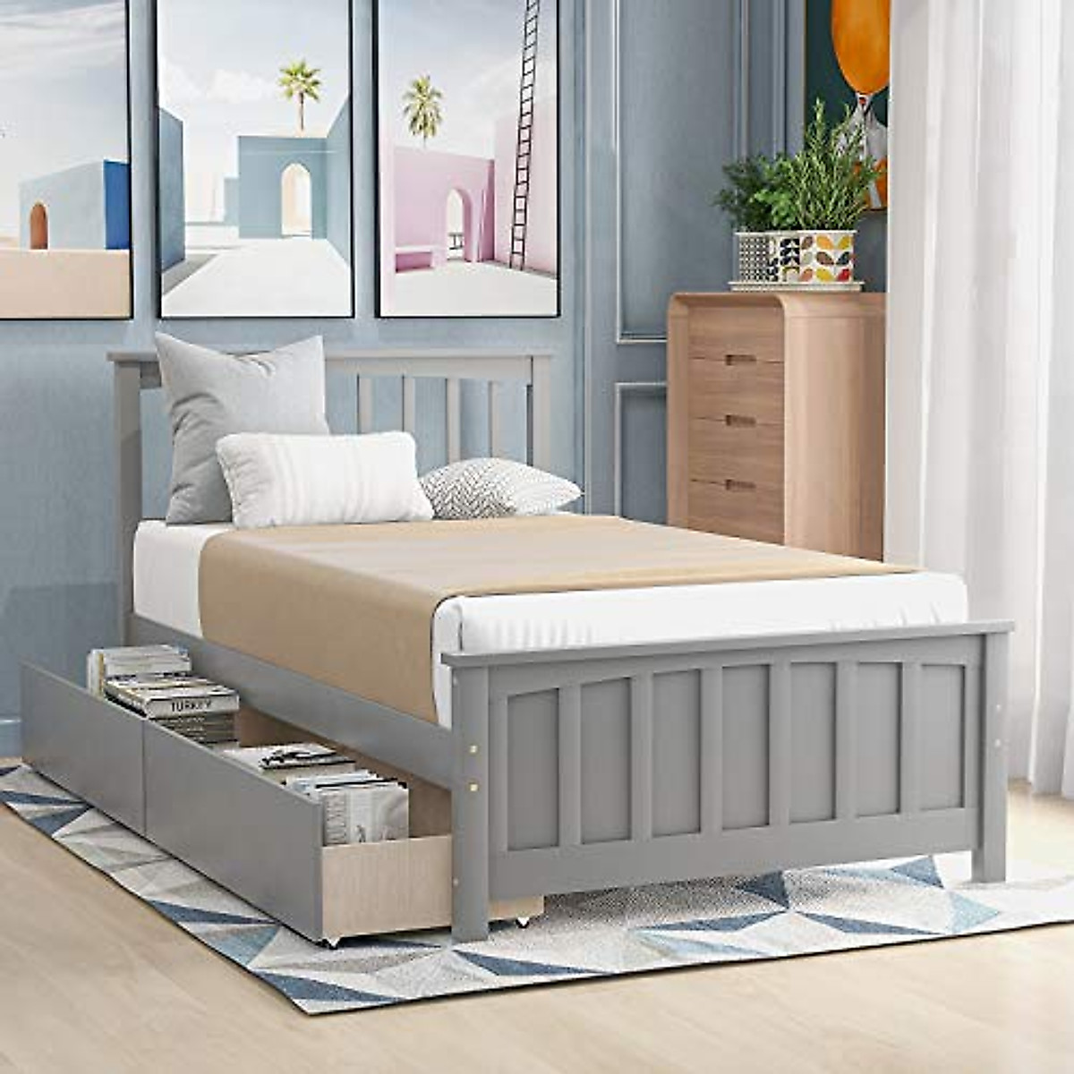 Harper & Bright Designs Twin Bed Frame with Drawers, Kids Platform Twin Bed with Storage, Solid Wood, No Box Spring Needed (Light Grey (Drawers))