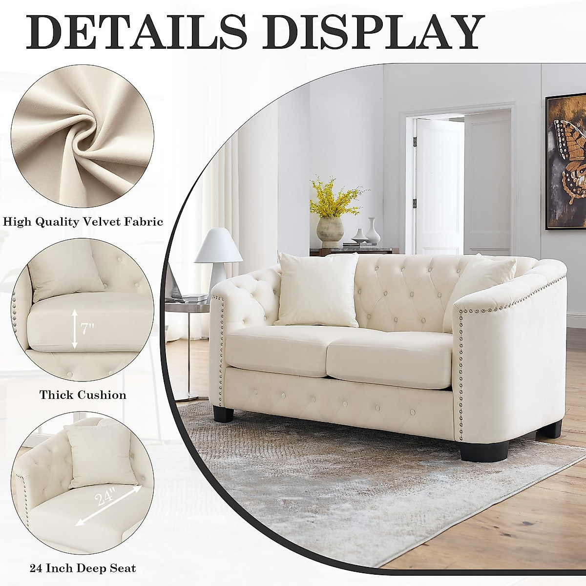 JEEOHEY Sofa,Chesterfield Sofa,Velvet Sofa Couch,Oversized Loveseat Sofa,2 Seater Sofa Chair with Button Nailhead,Upholstered Deep Seat Sofa,Futon Couches for Living Room,Bedroom,Office(Beige