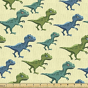 Ambesonne Animals Fabric by The Yard, Jurassic Theme Cartoon Dinosaurs Patterns Walking T-rex, Decorative Fabric for Upholstery and Home Accents, 1 Yard, Yellow Multicolor