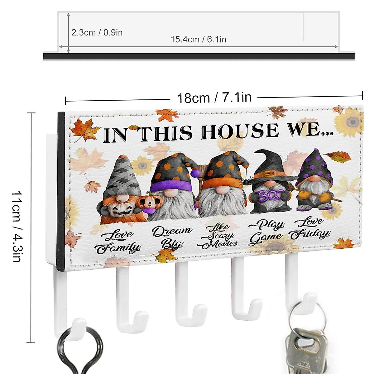 in This House We Key Holder Gnome Personalized Family Member Name Wall Mount Key Hooks Holder Farmhouse Harvest Thanksgiving Self Adhesive Key Hanger Organizer for Entryway Front Door 7x4 inch