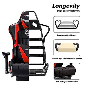 AutoFull C3 Gaming Chair Office Chair Ergonomic Computer Gaming Chair PU Leather with Headrest and Lumbar Support High Back Adjustable Racing Gaming Chair with Footrest(Red)