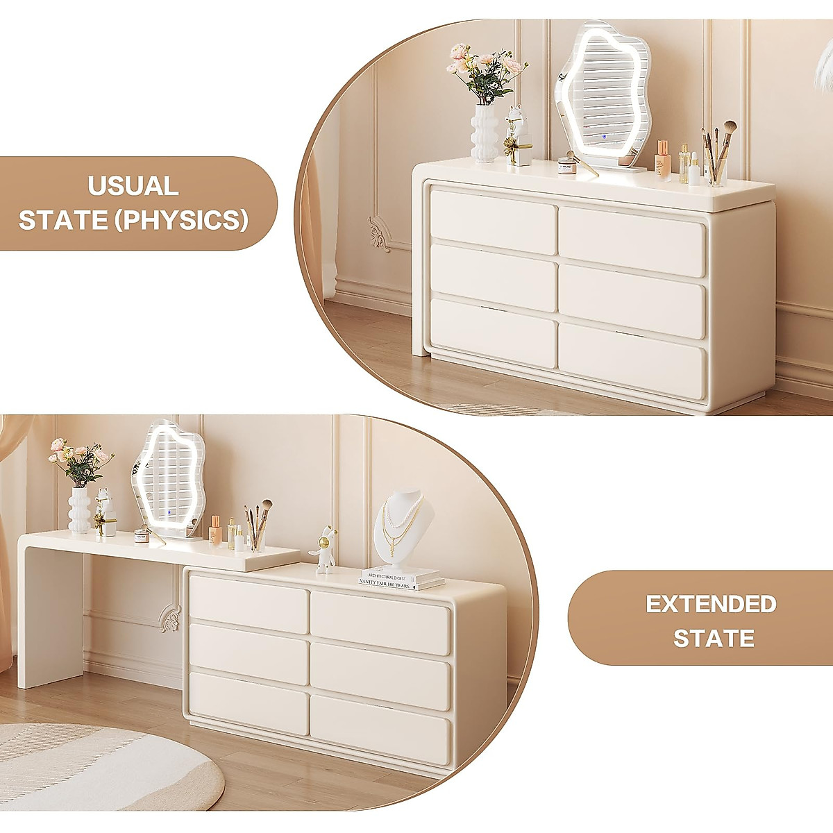 Guyii Makeup Vanity Set, Extendable Vanity Table with 6 Drawers, Modern Dressing Table with LED Makeup Mirror and Chair, Girl's Dresser, Bedroom Dresser