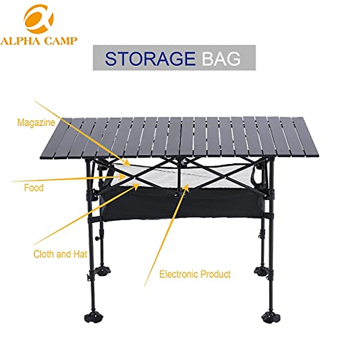 ALPHA CAMP Camping Table Outdoor Portable Table with Storage Adjustable Aluminum Table for Grill Travel Table Outdoor Picnic,Beach,BBQ,Backyards