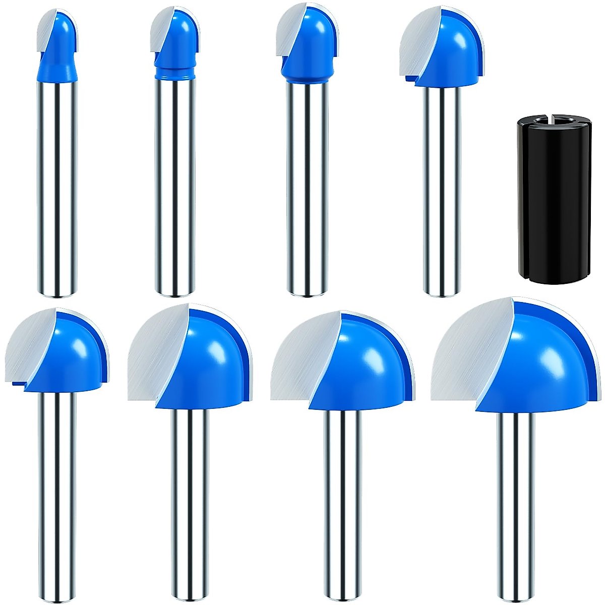Helovmine 1/4 Inch Shank Round Nose Cove Core Box Router Bit Set Solid Carbide Double Flute Round Nose Router Bit 1/4" 5/16" 3/8" 1/2" 5/8" 3/4" 7/8" 1" Cutting Diameter Woodworking CNC Tools