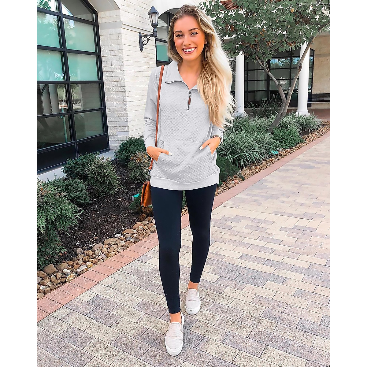 BTFBM Women Fashion Quilted Pattern Lightweight Zipper Long Sleeve Plain Casual Ladies Sweatshirts Pullovers Shirts Tops (White, Large)