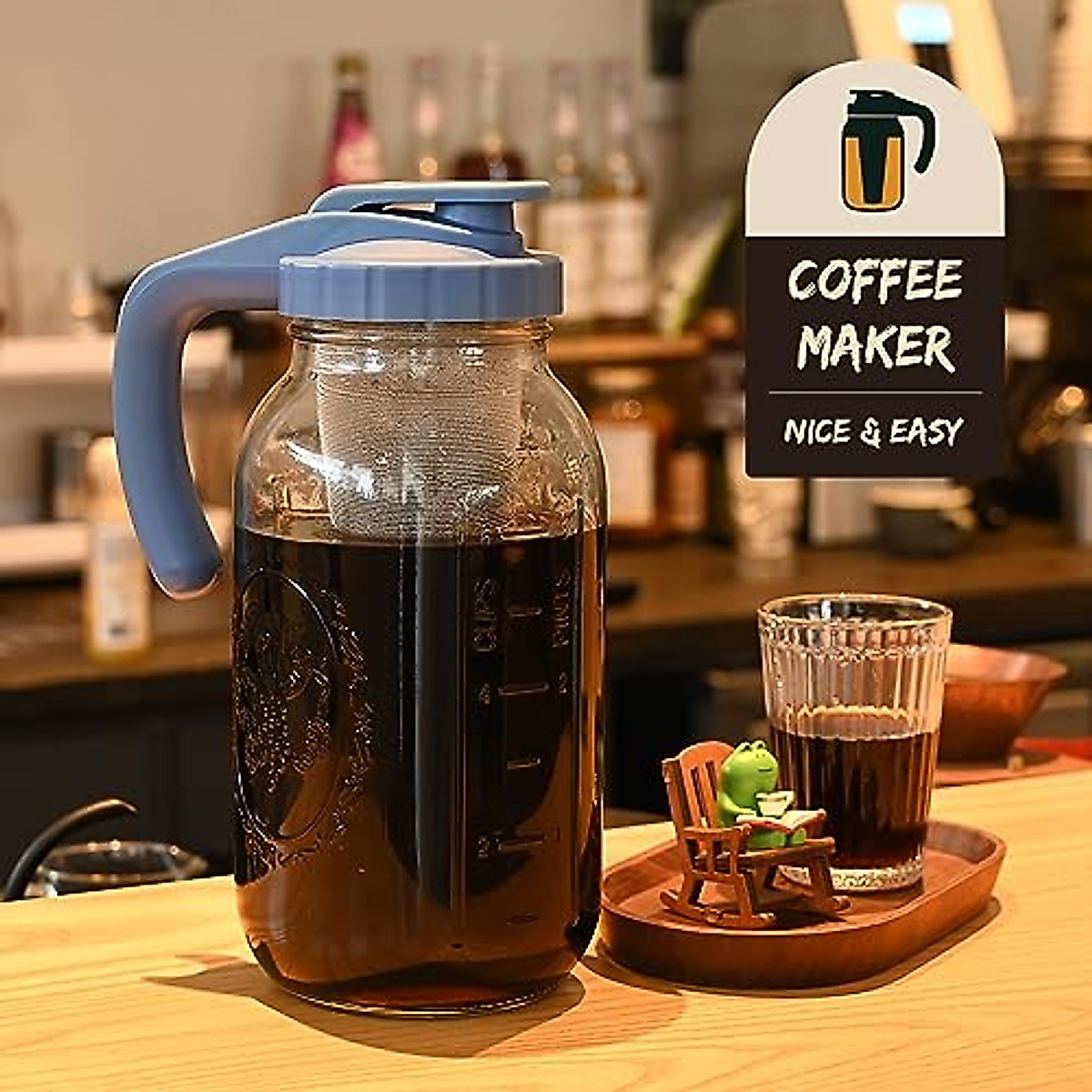 LIVEBAY Cold Brew Mason Jar Iced Coffee Maker, 64 oz Wide Mouth Glass Mason Jar with pour spout Lid, Heavy Duty Stainless Steel Filter - (2 Quart / 1.9 Liter)