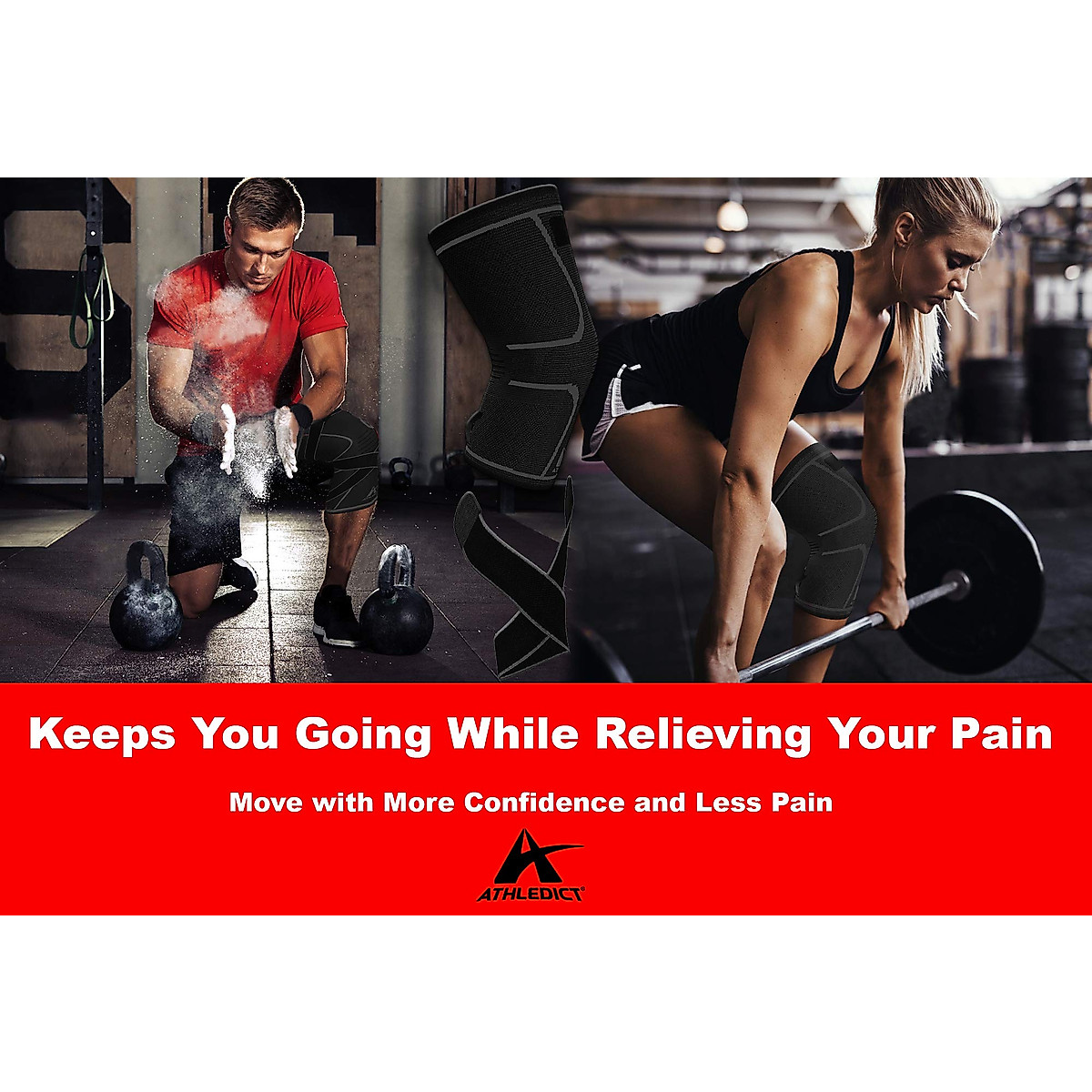 ATHLEDICT Knee Brace Compression Sleeve with Strap for Best Support & Pain Relief for Meniscus Tear, Arthritis, Running, Basketball, MCL, Jogging and Recovery for Men & Women (Black, Large)