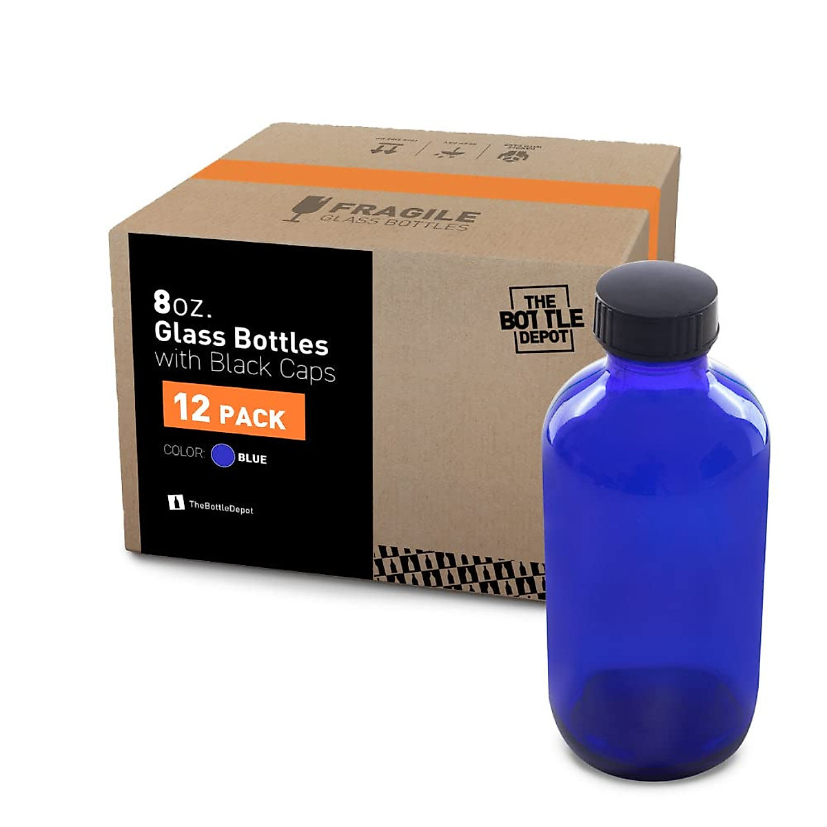 The Bottle Depot - 12 Pack - 8 oz Glass Bottles with Lids - Blue - 28-400 Neck Finish - Boston Round Bottles - UV Rays Protection