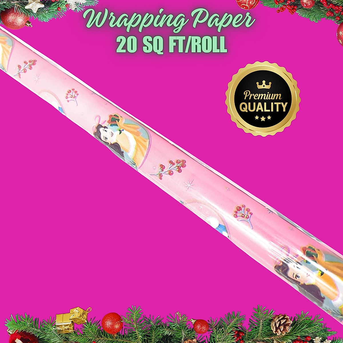Ja'cor Pink Princesses Christmas Wrapping Paper 1 Roll 20 Sq Ft, Gift Wrap for Birthday Holiday Thanksgiving All Ocassion Presents Party Supplies Bundle with 1-Mini Wrapping Paper Cutter