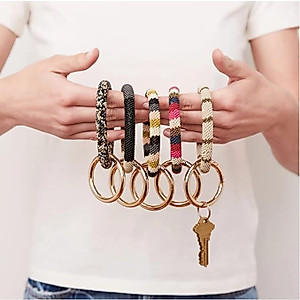 INK + ALLOY Women's Chloe Beaded Key Ring and Bracelet Handmade Jewelry for the Modern Bohemian (Ivory Gold Stripes)