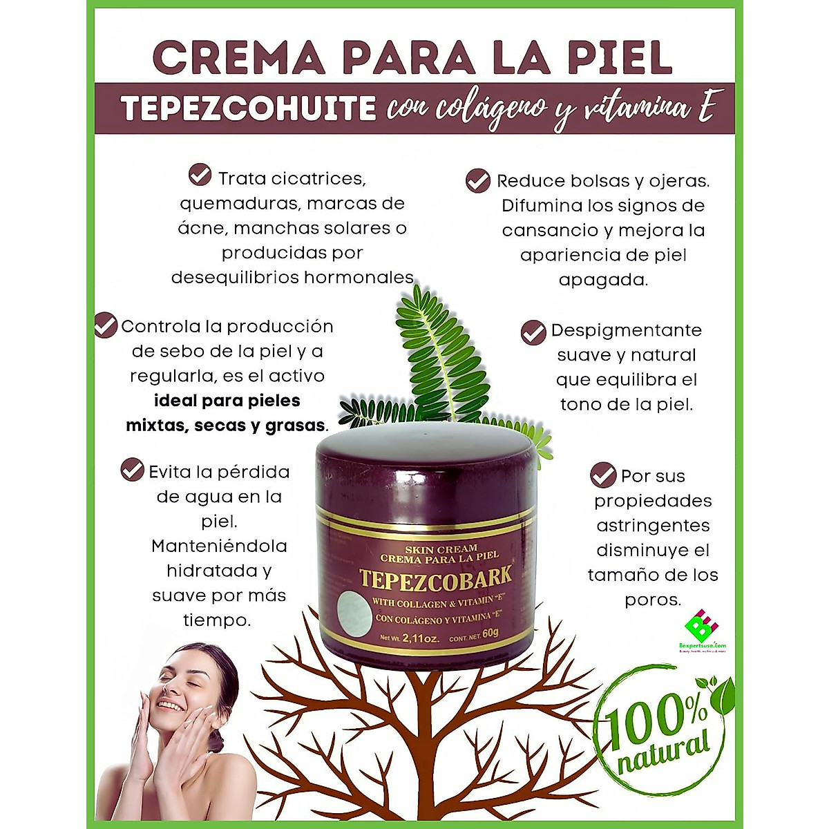 Tepezcohuite Cream (Tepezcobark), with Collagen (Colageno) & Vitamin E, 2.11oz, 60 gr, in E, 100% Natura, great for all skin concerns