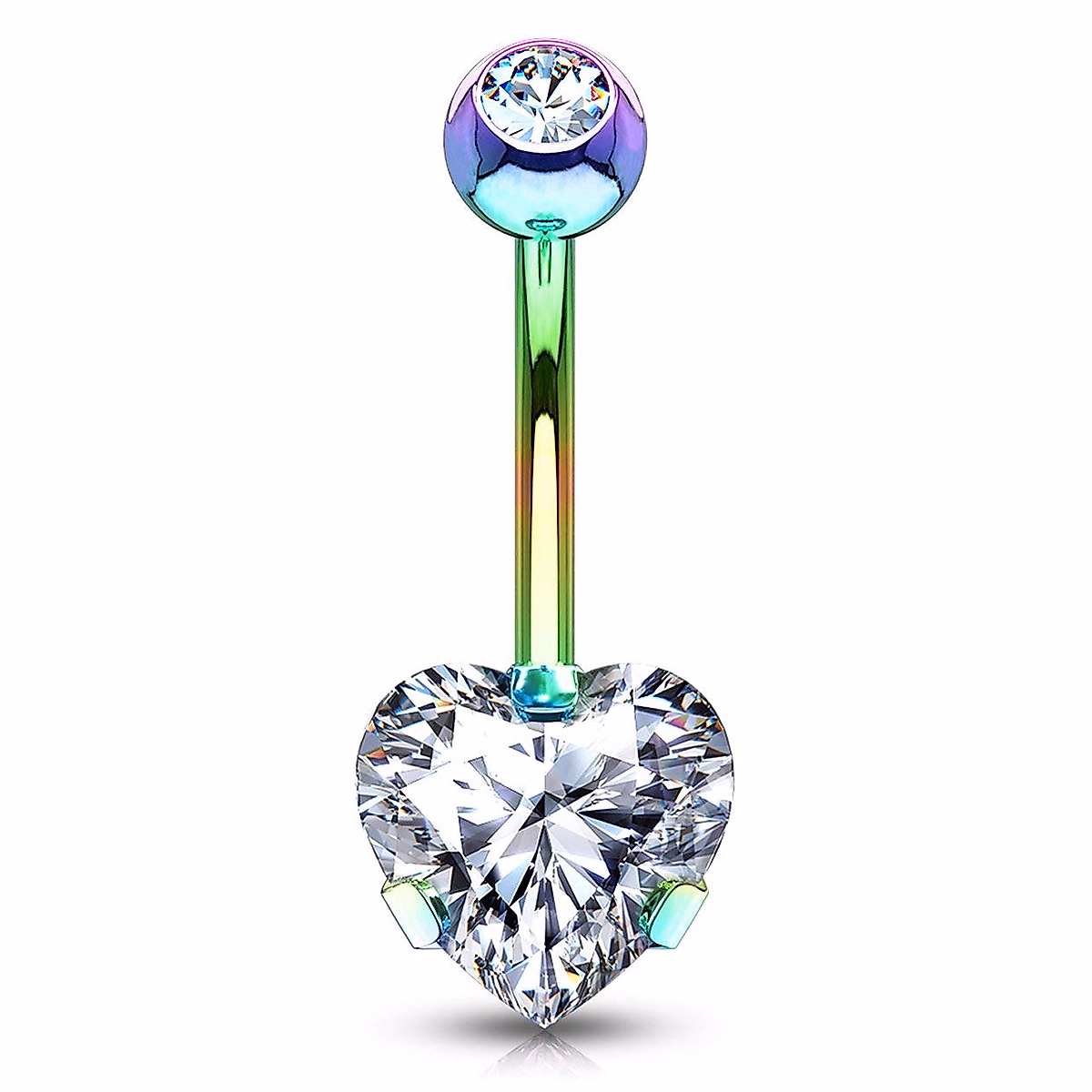 Forbidden Body Jewelry 14g Tri-Prong Heart Shaped CZ Solitaire Belly Button Ring, Rainbow/Clear