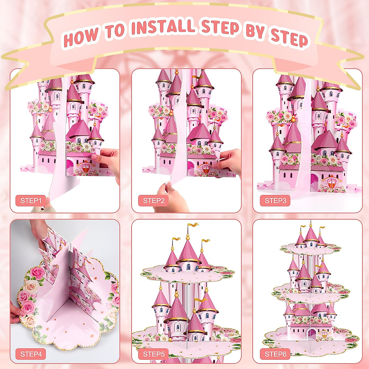 Zopeal 3 Tier Princess Birthday Cupcake Stand Party Decorations Floral Princess Cupcake Holder Pink Castle Crown Carriage Dessert Tower for Girls Birthday Princess Theme Baby Shower Party Supplies