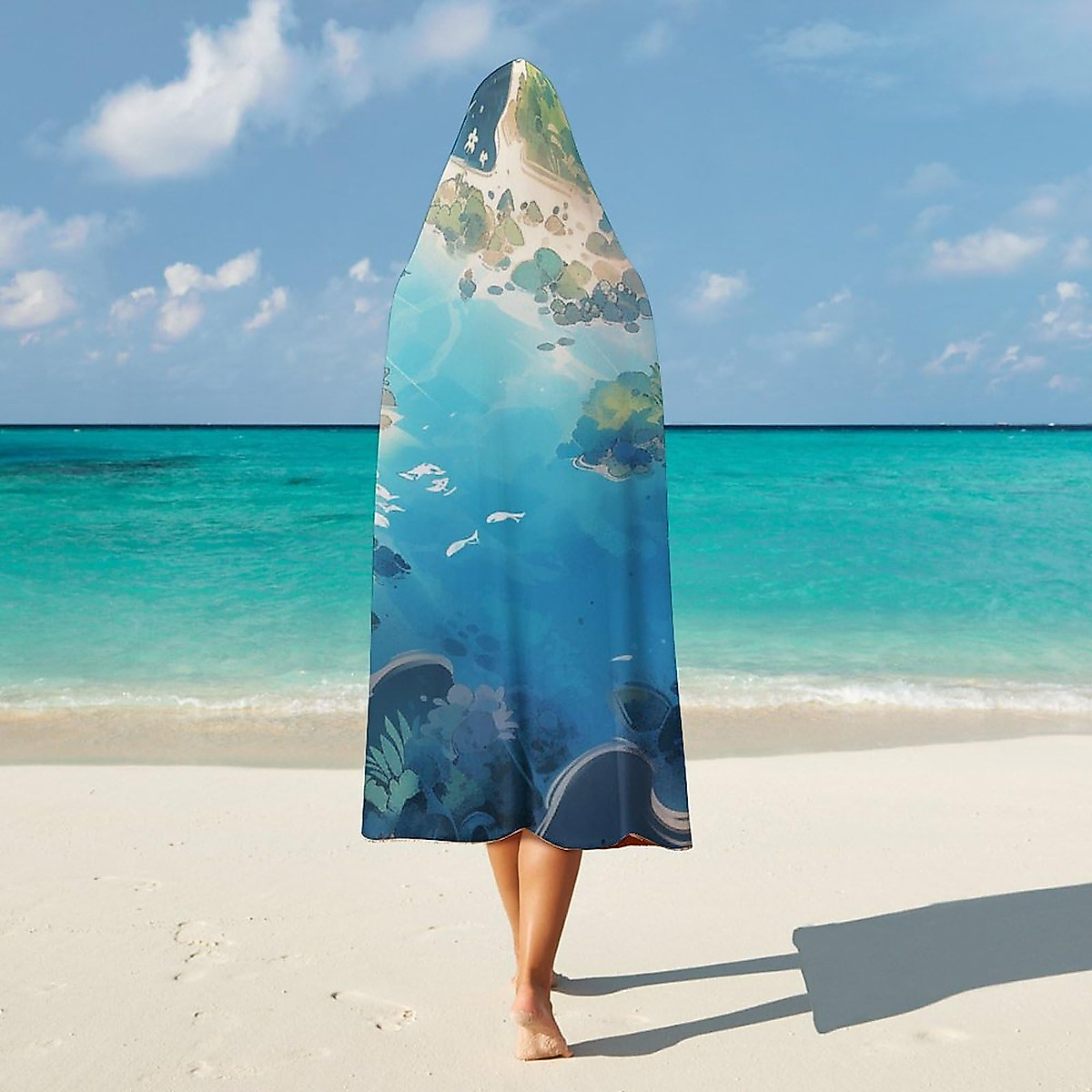 Hooded Blankets Blue Ocean Fish Wearable Hooded Blankets Nature Nautical Ocean Flannel Soft And Comfortable Fit for Kids Adults Teens for Sofa Lounge Bed Napping 50"x60" Spring Summer Blanket Hoodie