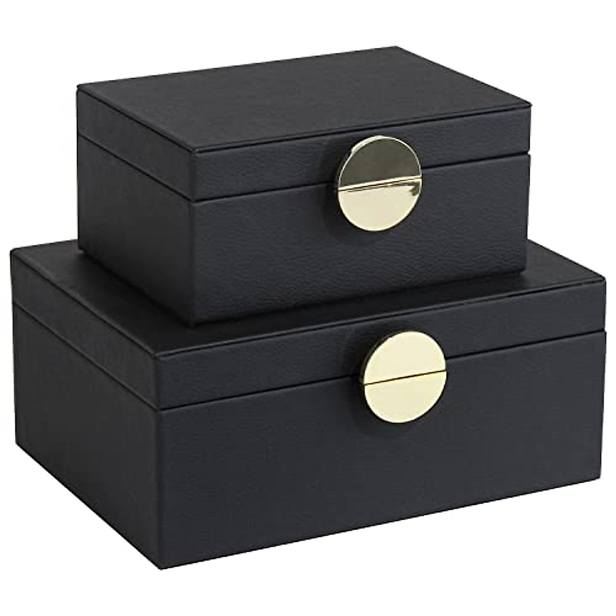 HofferRuffer Faux Leather Jewelry Boxes, Decorative Boxes Storage Accessory Organizer with Gold Hardware Decor, Classic Vegan Leather Set of 2 Pieces (Black)