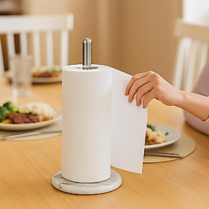 Creative Home Natural Marble Base Paper Holder Kitchen Towel Dispenser with Chrome Plated Pole, 5-1/2" Diam. x 12-5/8" H, Off-White (patterns may vary)