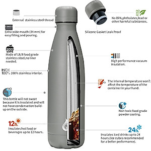 BJPKPK Insulated Water Bottle 17oz Stainless Steel Water Bottles Dishwasher Safe Sports Water Bottles-Gray