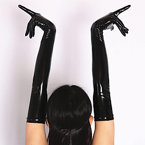 Jhaoyu Women's Long Latex Gloves Sexy Shiny Faux Leather Mid Upper Arm Length Gloves for Evening Costume Dress Black XX-Large