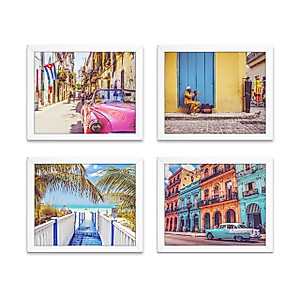 Vintage Vibrant Cuba Photography Photographic Prints, Set of 4, Unframed, Antique Cars, Musician, Beach Coastal Art Decor Poster Sign, 8x10 Inches