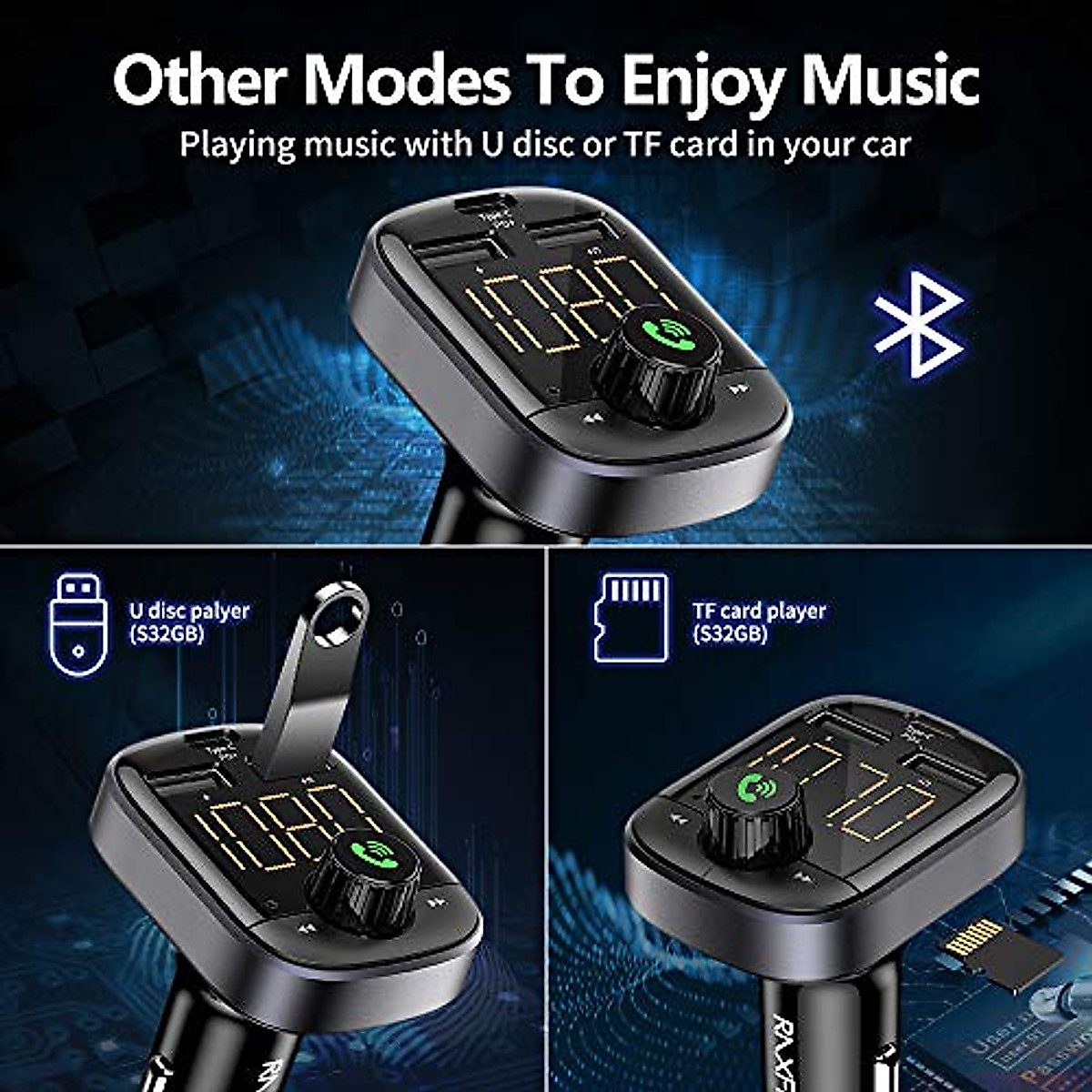 Bluetooth FM Transmitter - RAXFLY Bluetooth Car Adapter Transmitter FM Audio Receiver Dual USB PD Type C Car Charger Support TF Card and U-Disk Compatible for iPhone 11 Samsung S20 All Smartphones